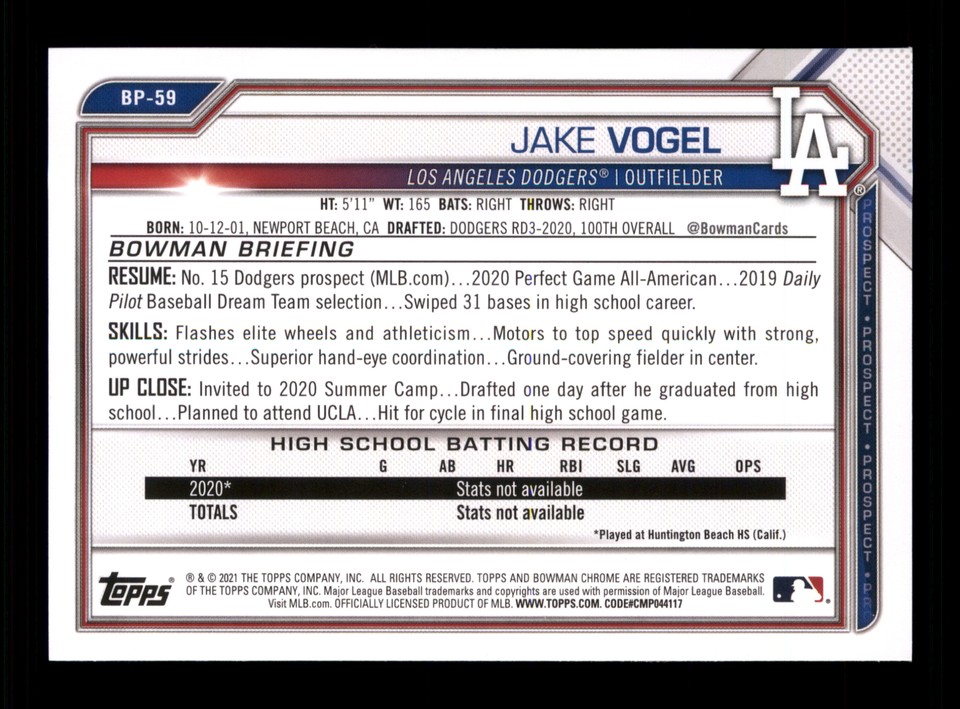 2021 1st Bowman Prospects #BP-59 Jake Vogel Los Angeles Dodgers ...