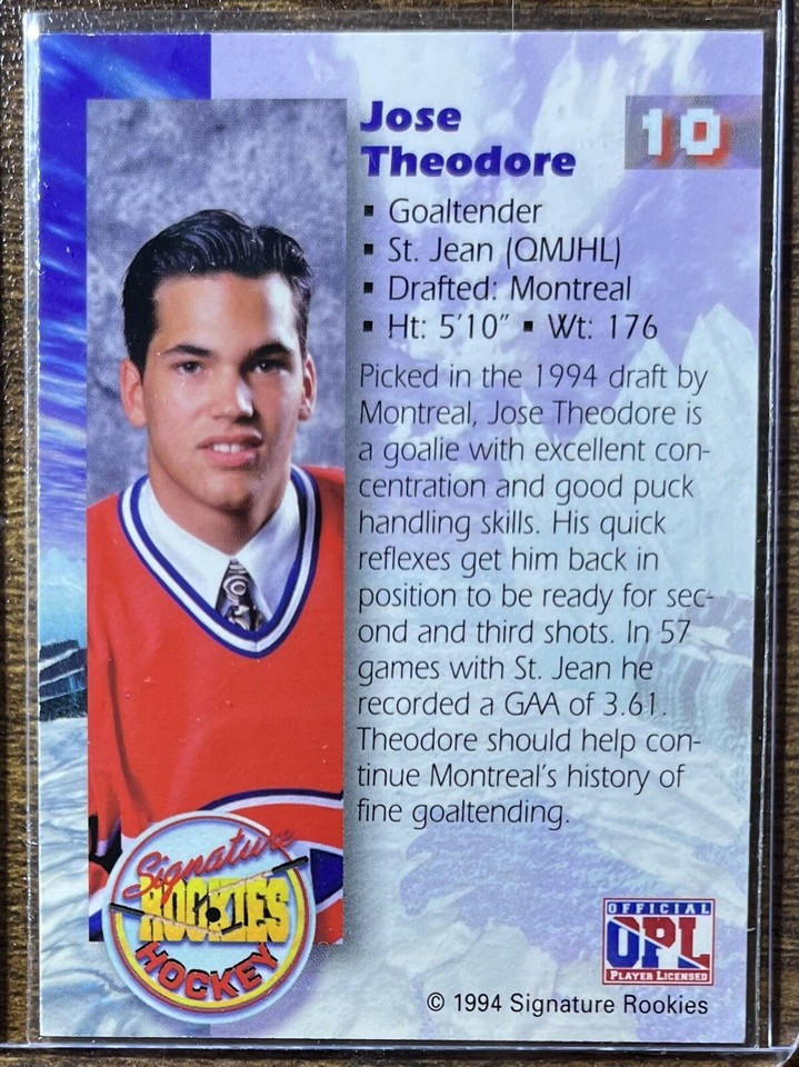 JOSE THEODORE 1994 AUTOGRAPHED SIGNATURE ROOKIES #10 SERIAL #D 4399/ ...