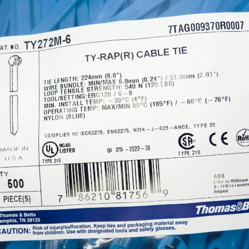 Pack of 500 Blue Thomas & Betts Ty-Rap High Performance Nylon Cable Tie ...
