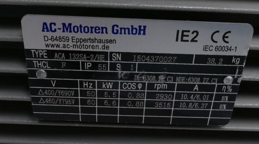 AC-Motoren Drehstrommotor 5,5-6,6 kW | Welle 38mm | ACA 132SA-2/HE ...