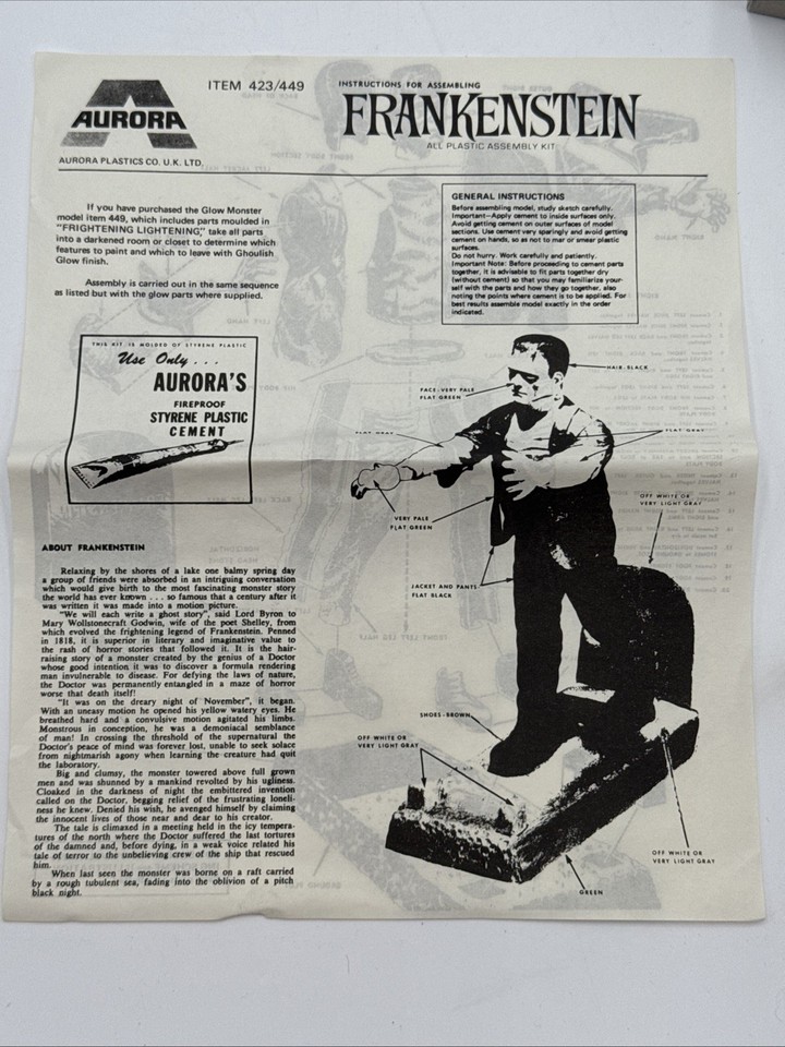 NEW 1961 Aurora Plastics of Canada 423 FRANKENSTEIN Plastic Model Kit ...