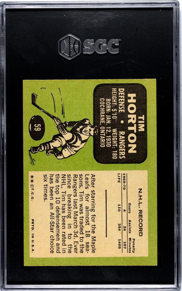 1970-71 Topps TIM HORTON Rangers #59 SGC 3 VG Condition! *LOOKS NICER ...