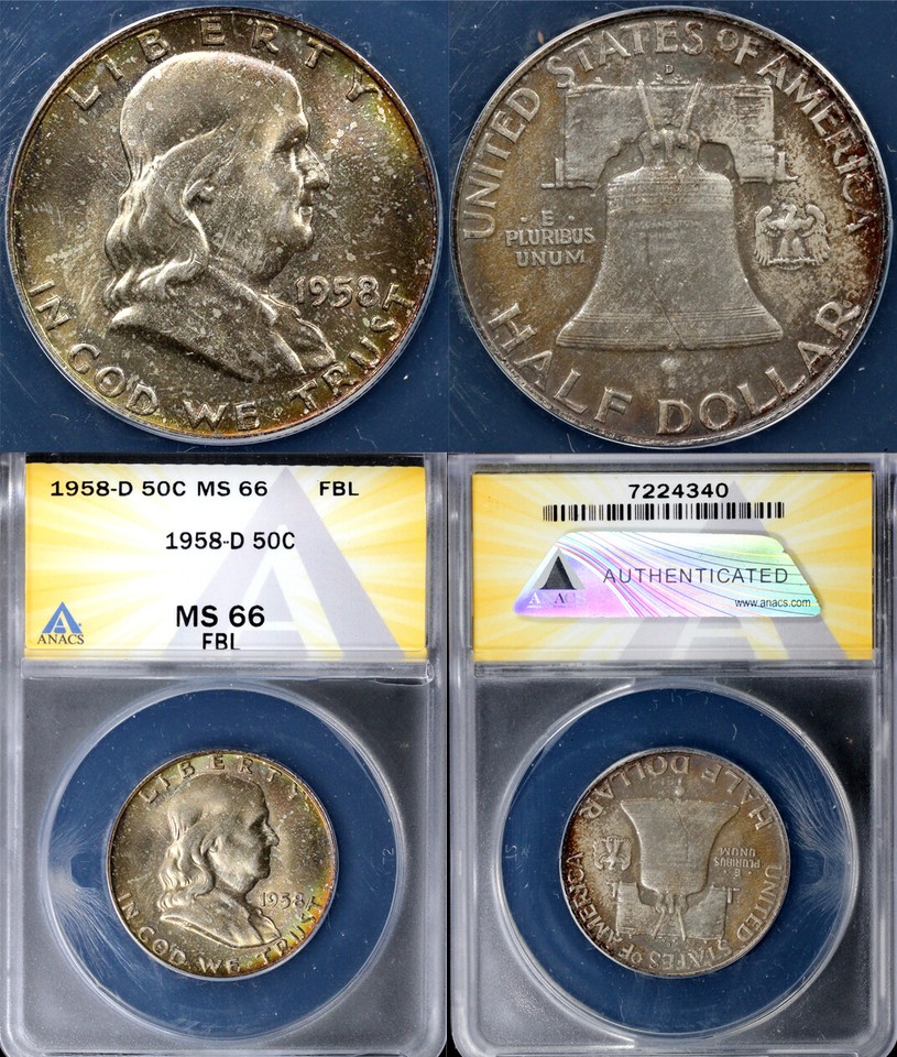 1958-D 50c Franklin Half Dollar Full Bell Lines ANACS MS 66 FBL | eBay