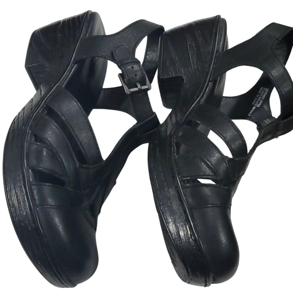 boc by Born Black Leather Persi T-Strap Chunky Heel Buckle Woven Size 8 ...