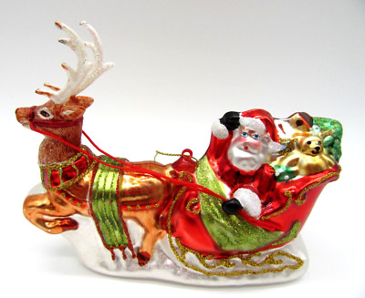 Xmas Ornament Hand Blown Glass Robert Stanley Santa Sleigh Reindeer 6 ...