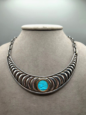 Italian Turquoise Cameo Necklace Sterling Silver 925 18K Gold 750 Wide ...