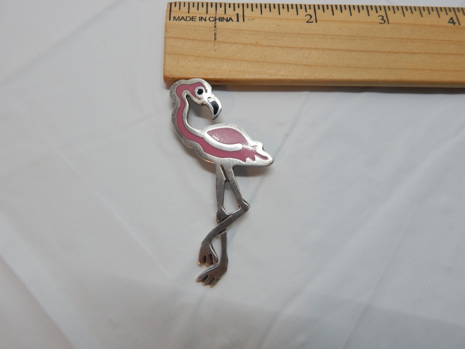Vintage Sterling 925 Silver Pink Flamingo Brooch Pin w Pink Inlay 9.35 ...