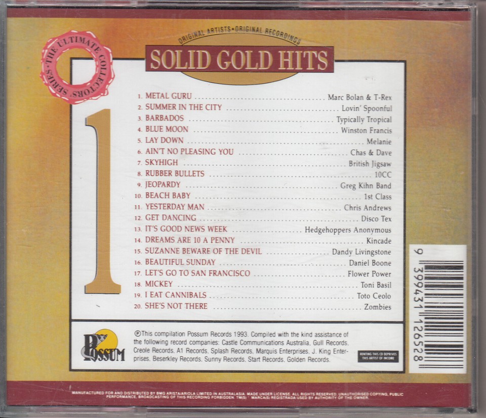 SOLID GOLD HITS CD 10CC TONI BASIL T-REX, 10CC, DANIELBPPNE, ZOMBIES ...