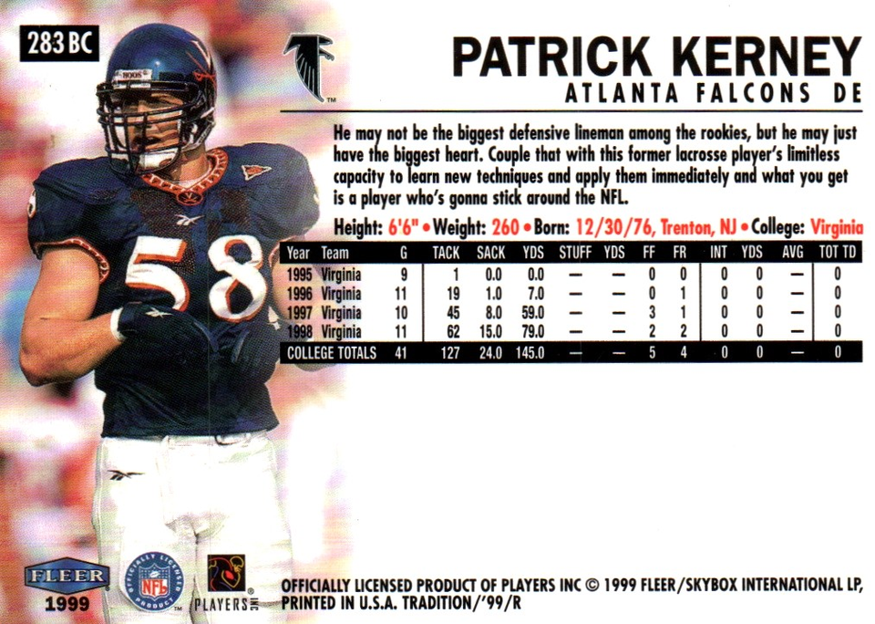 Patrick Kerney, Rookie, DE - Fleer - Falcons, 1999 - #283, Blitz ...