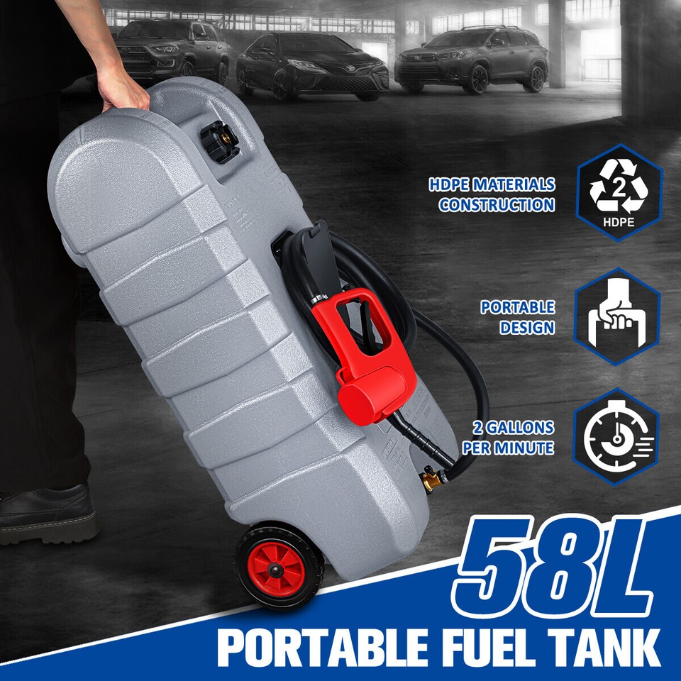 58L 15 Gal Grey Portable Fuel Diesel Caddy Oil Tank Container Pump w ...