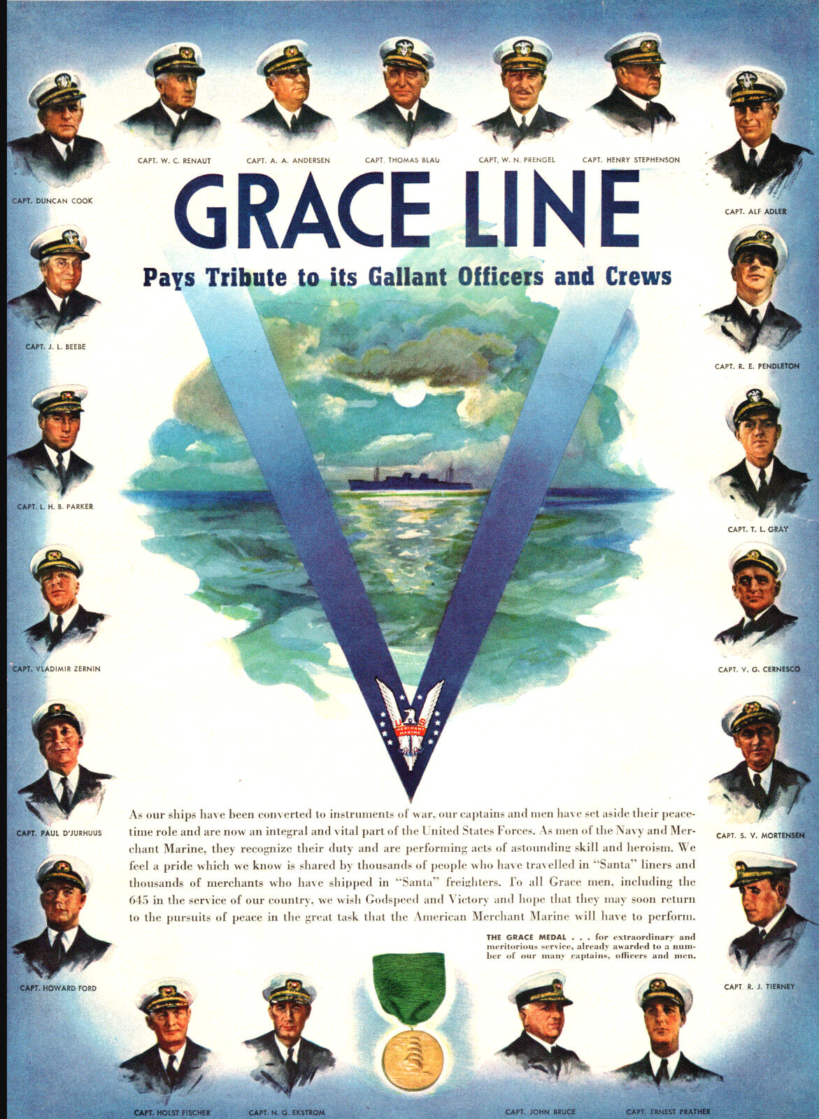 1943 WW2 AD GRACE LINE Cruise Ships and Captains now serve in War ...