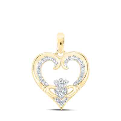 10K Yellow Gold Womens Diamond Claddagh Heart Pendant Charm 1/6 Cttw ...