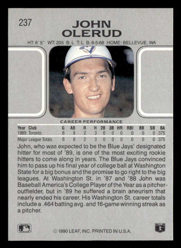 John Olerud 1990 Leaf Inc Rookie Card #237 Toronto | eBay
