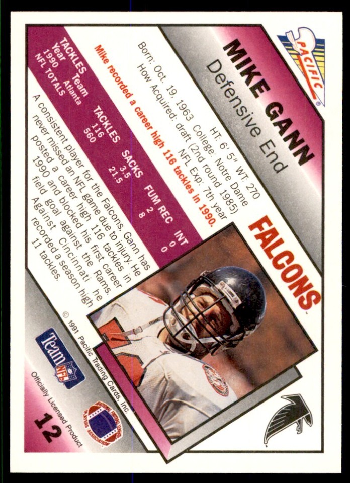 1991 Pacific Mike Gann . Atlanta Falcons #12 | eBay