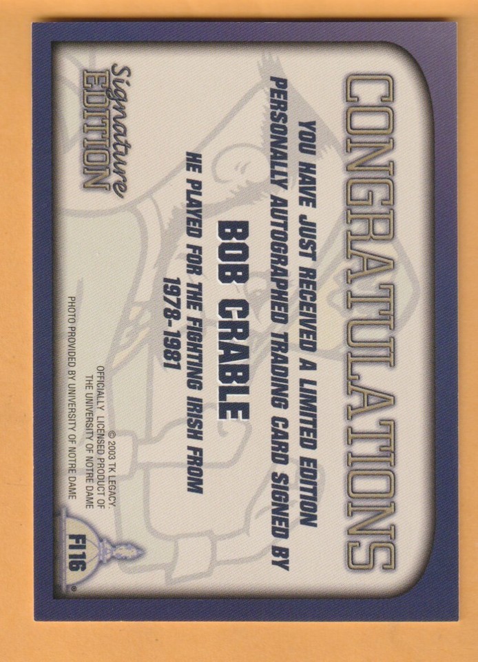 Bob Crable Notre Dame Irish AUTO 2003 TK Legacy Cincinnati Moeller High ...