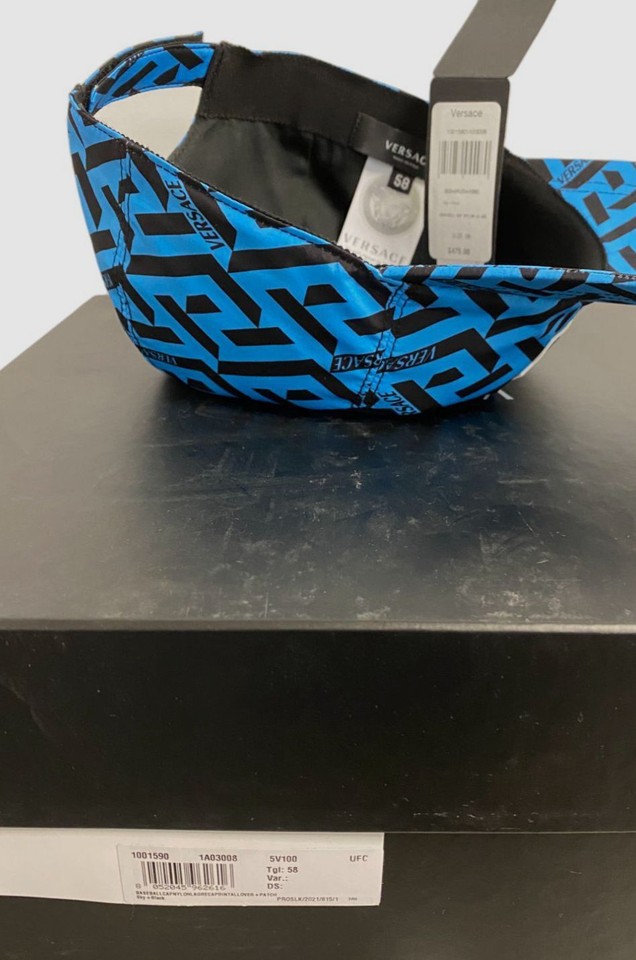 $475 Versace Men Blue Geometric Logo Print Baseball Cap Hat Size IT 58 ...