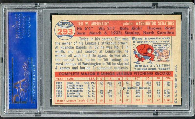 1957 TOPPS #293 TED ABERNATHY SENATORS PSA 6 EX-MT ST 475242 (KYCARDS ...