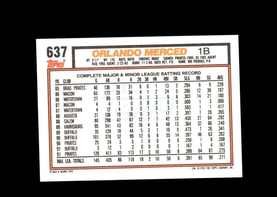 Orlando Merced 1992 Topps Baseball Card #637 Pittsburgh Pirates | eBay