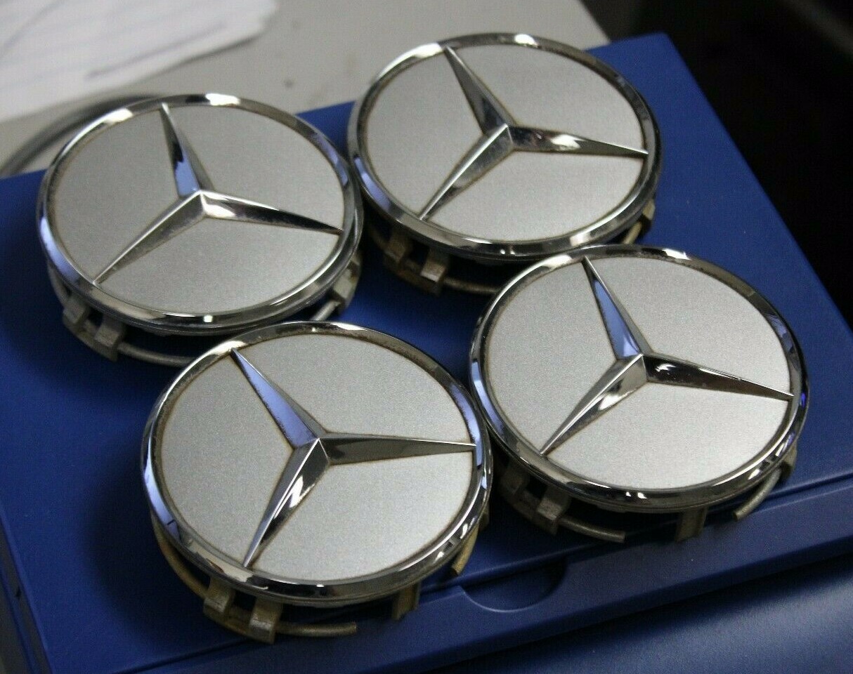 SET OF 4 OEM MERCEDES MBZ CENTER HUB CAP SILVER WITH CHROME LOGO ...