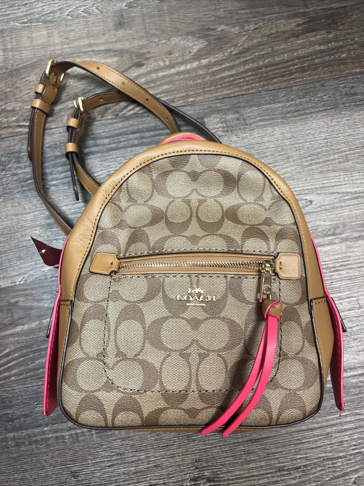 Coach Mini Andi Signature Logo Tan Hot Pink Backpack - Gem