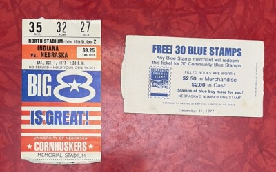 1977 NEBRASKA cornhuskers HUSKERS - INDIANA FOOTBALL TICKET STUB 10/1 ...