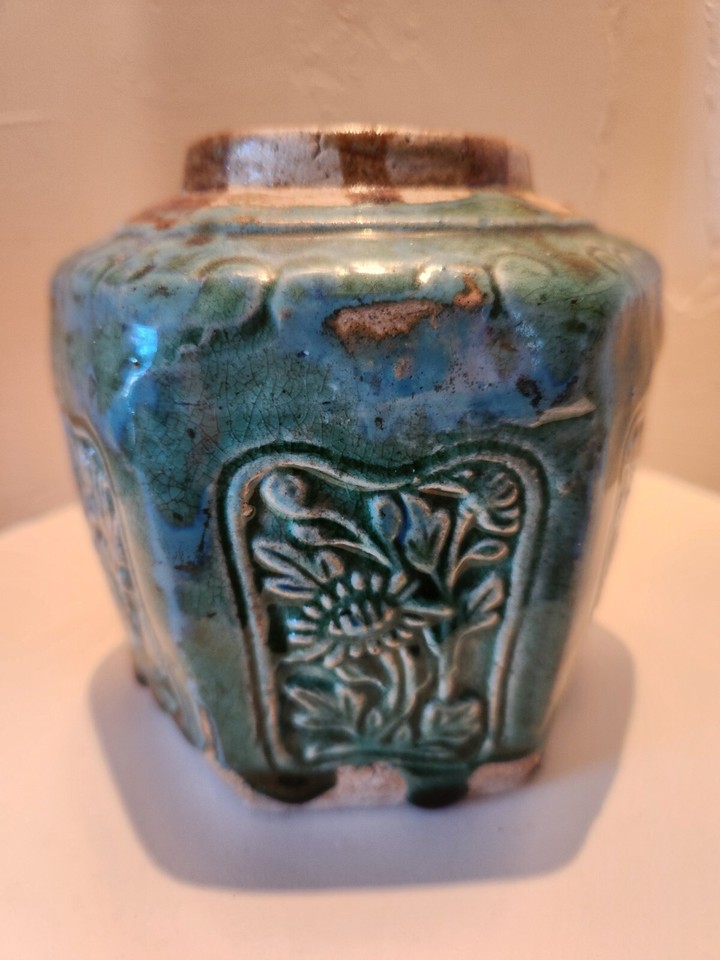 3 Ginger Pots/Jars/Vases Glazed Green Earthenware c1900 Floral Rustic ...