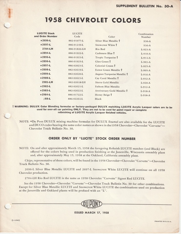1958 CHEVROLET CAR TRUCK CORVETTE BEL AIR IMPALA PAINT CHIPS (DUPONT ...