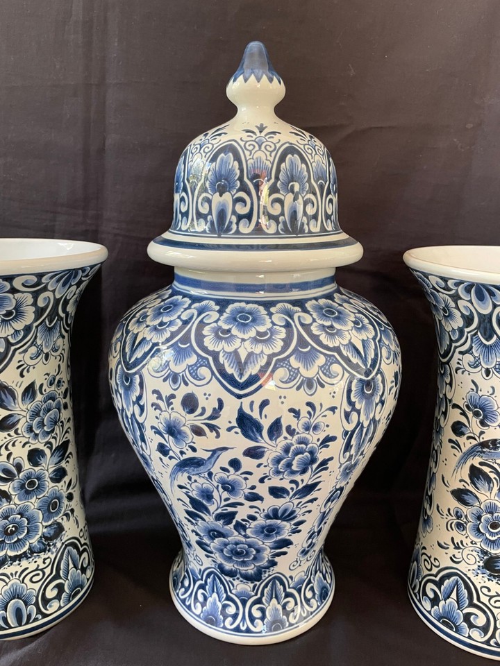 Antique Dutch Delft ceramic mantle set. Floral with bird . Several ...