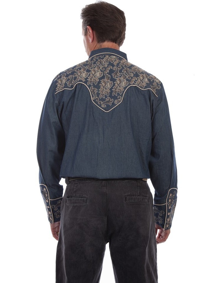 Scully Western Shirt Mens L/S Leafy Scroll Snap M Denim F0_P-905 | eBay