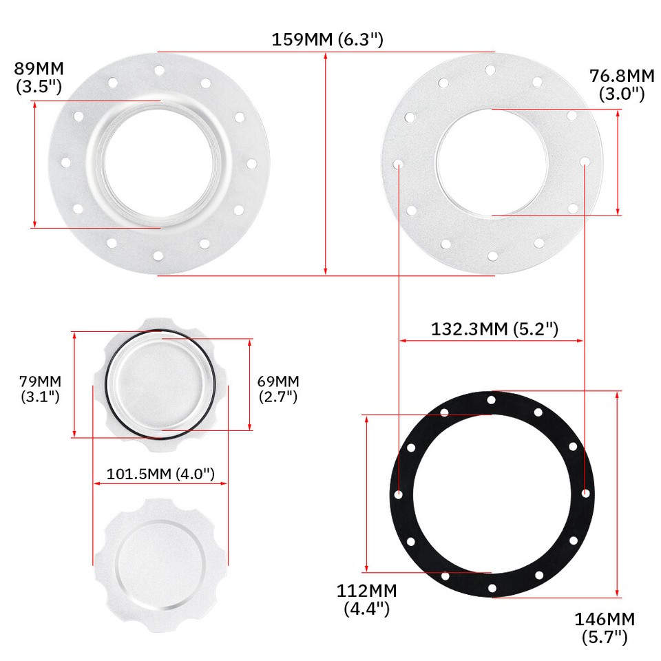 160mm Billet Aluminum Easy Fill Fuel Cell Cap with 12 Bolting Holes ...