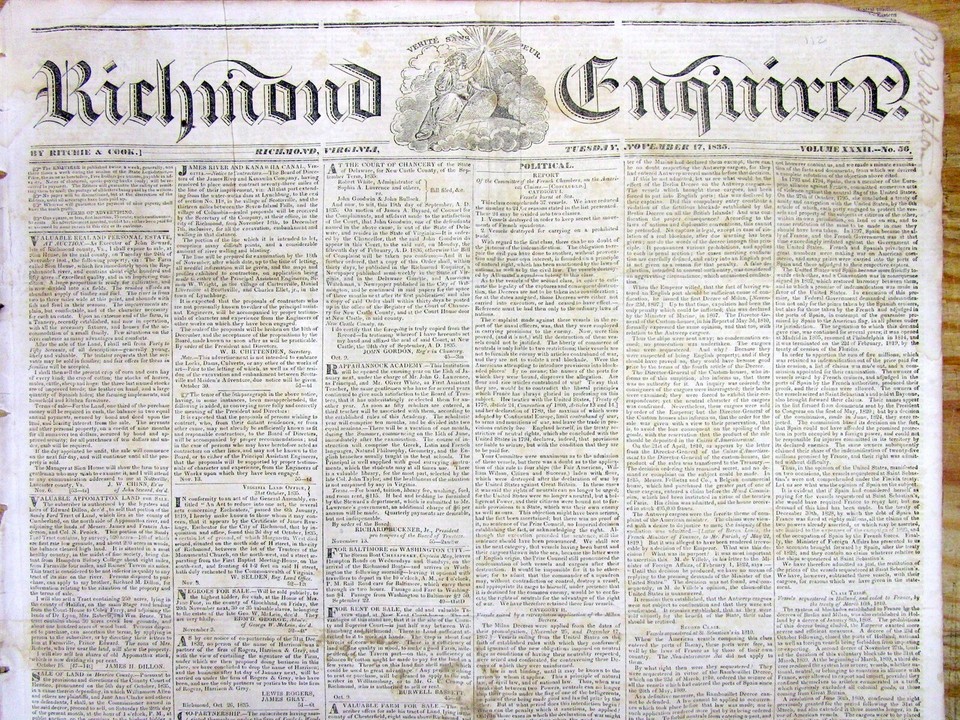 1835 Richmond VIRGINIA newspaper NEGR0 SLAVES FOR SALE + RUNAWAY SLAVE ...