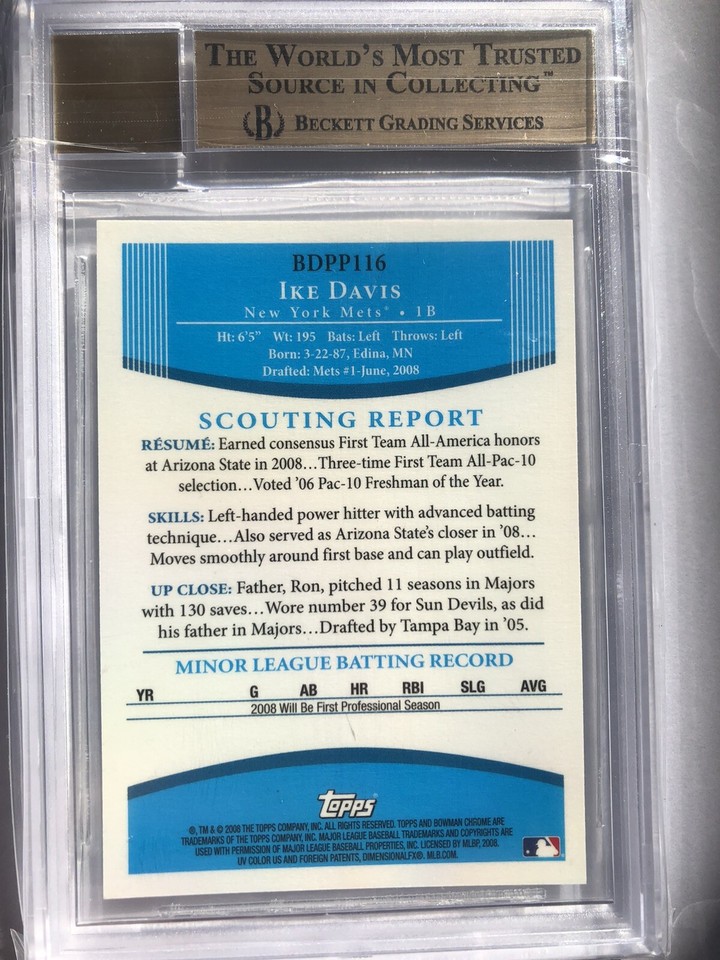 2008 Bowman Chrome Draft Ike Davis Rc Autograph BGS 9.5 W/10 Auto ...