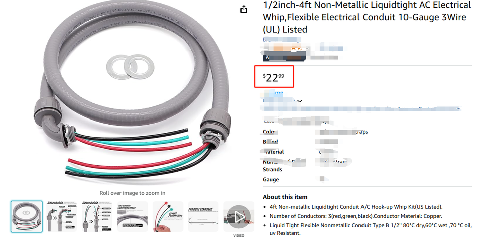 1/2inch-4ft Non-Metallic Liquidtight AC Electrical Whip,Flexible ...