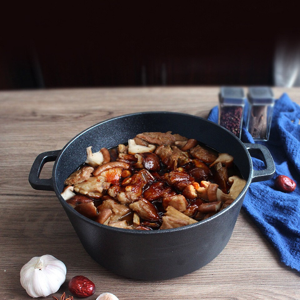 Cast Iron Casserole Pot Pan Cooking Camping Stew Dutch Oven Stockpot ...