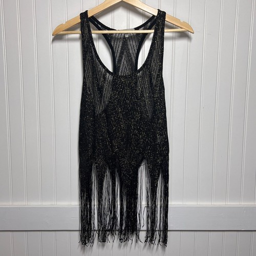 Charlotte Russe Tank Whimsigoth Club Rave Festival Gold Sparkly Fringe ...