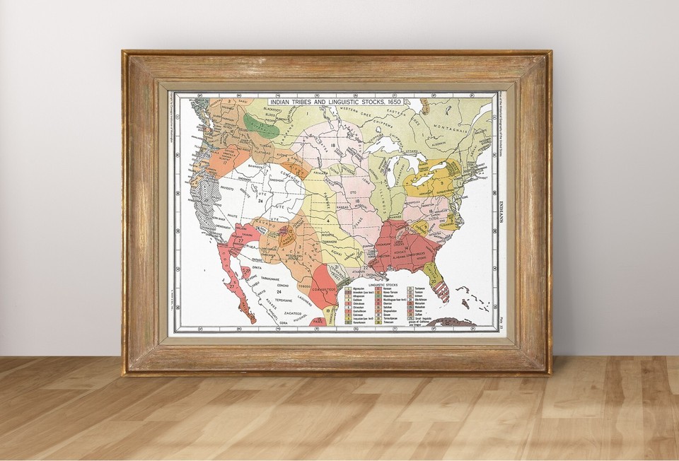 1650 Map US Indian Tribes and Linguistic Languages Stocks Native ...