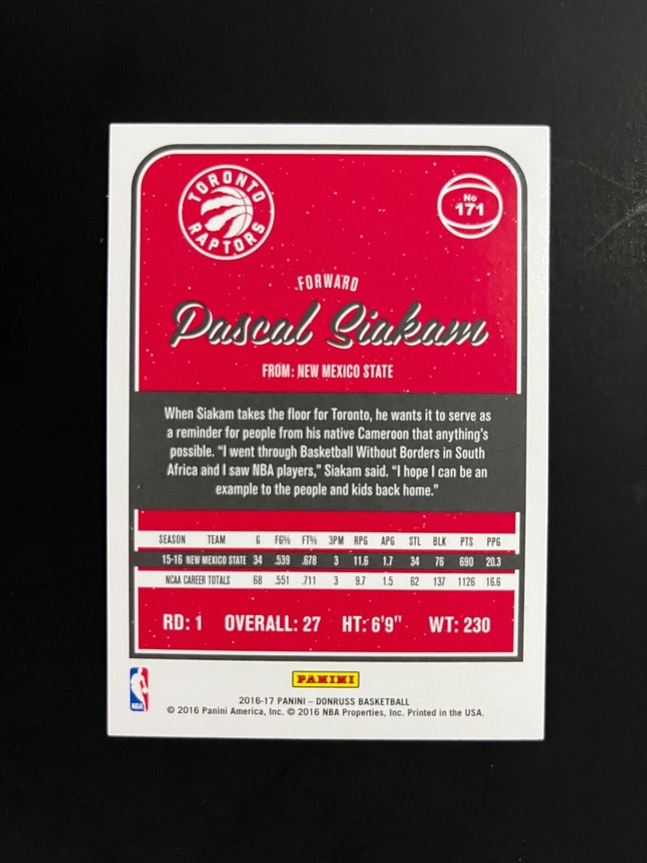Pascal Siakam 2016-17 Donruss Basketball Rookie Card RC #171 Toronto ...