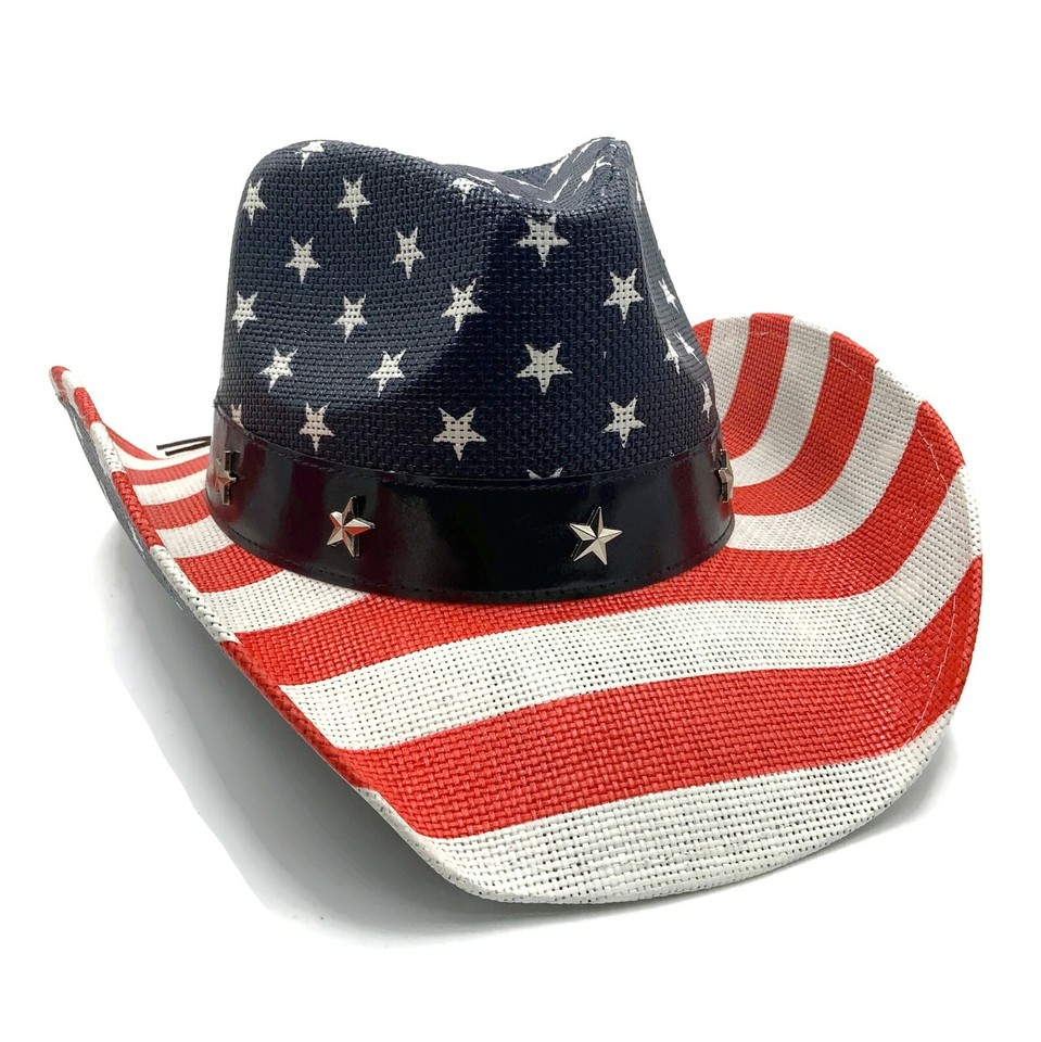 MEN'S USA AMERICAN FLAG COWBOY HAT VINTAGE Tea Stain SHAPE-IT BRIM US ...
