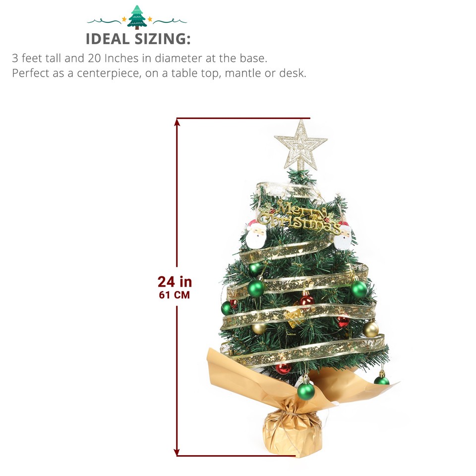 60cm Xmas Tabletop Artificial Small Mini Desk Christmas Tree w/ Lights ...