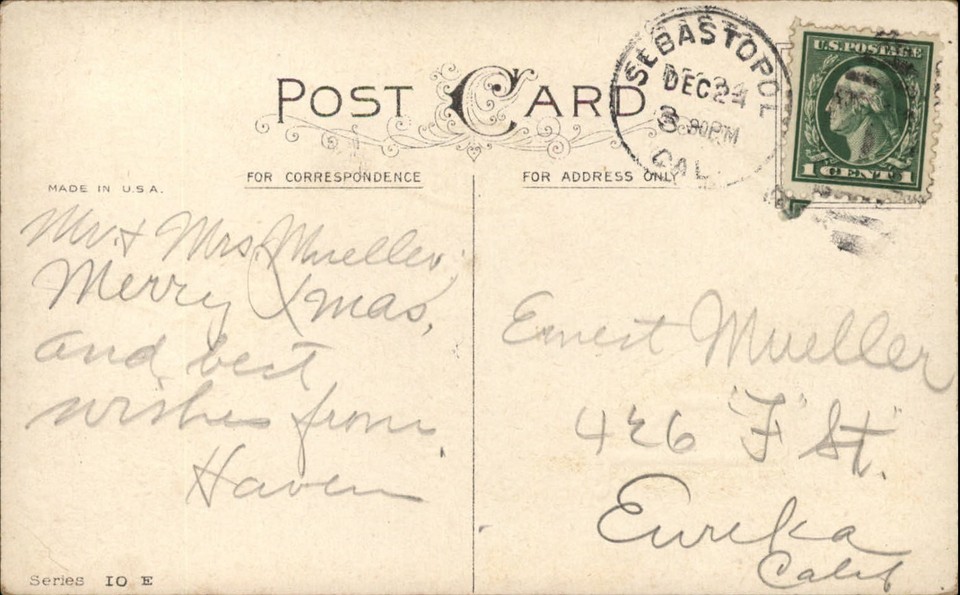 Christmas Old English font Stecher to ERNEST MUELLER Eureka CA vintage ...