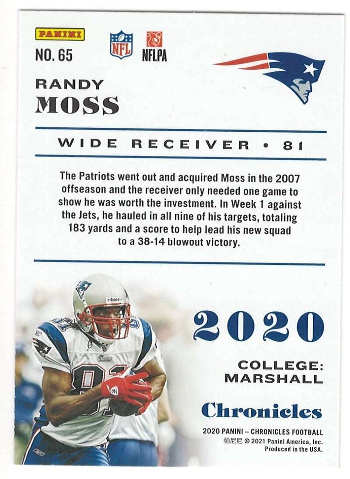 RANDY MOSS 2020 Panini Chronicles Base Chronicles #65 Patriots ID:22635 ...