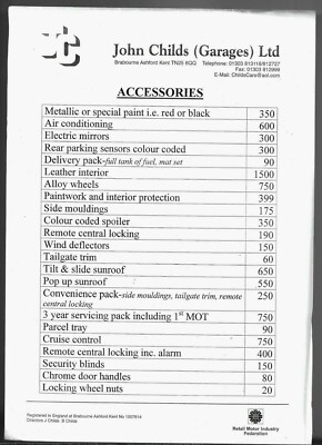Perodua Accessories Price List c2013 UK Market Single Sheet Brochure ...