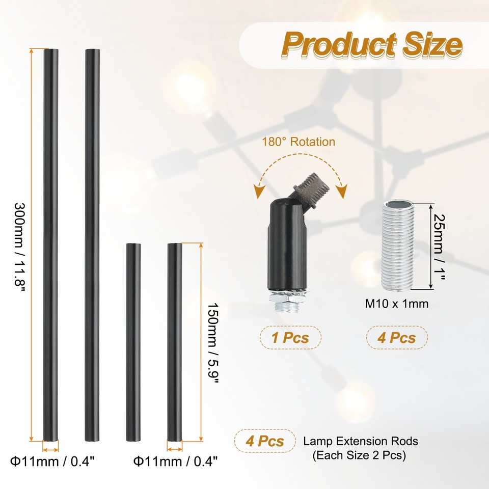 4 Set 6" and 12" M10 x 1mm Threaded Extension Rod with Accessory,Black ...