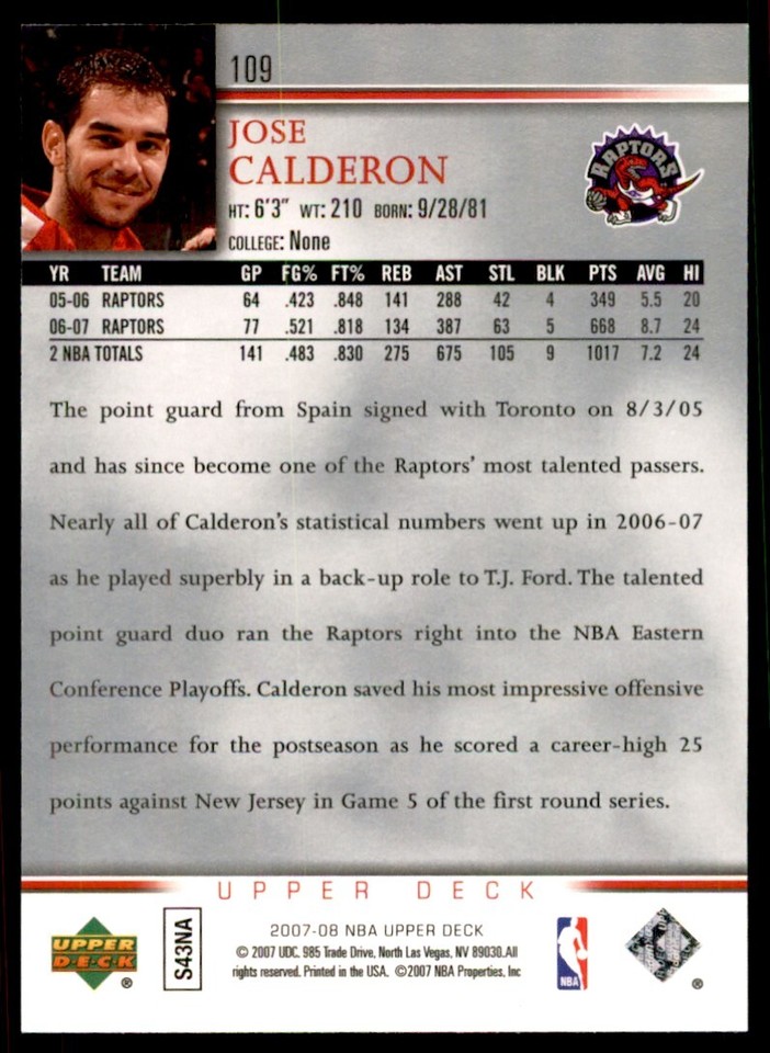 2007-08 Upper Deck. Jose Calderon A Basketball Cards #109 | eBay