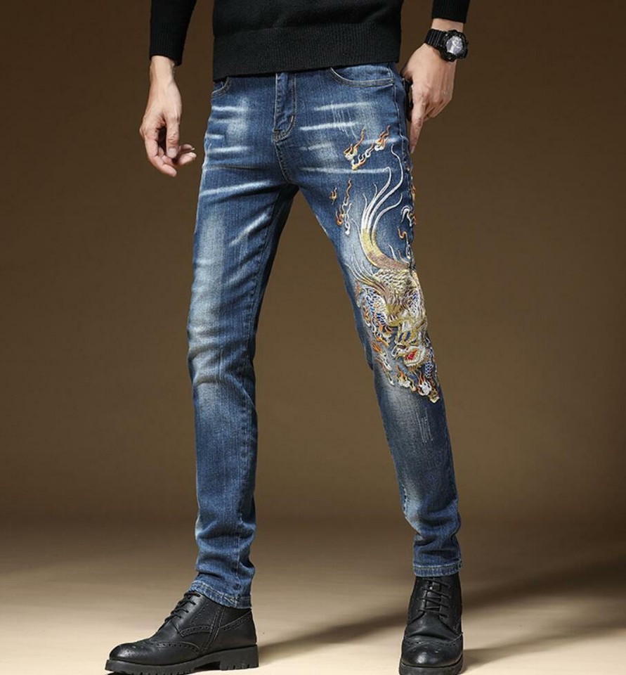 Men's Black Blue Dragon Embroidery Straight Stretch Jeans Denim Pants ...