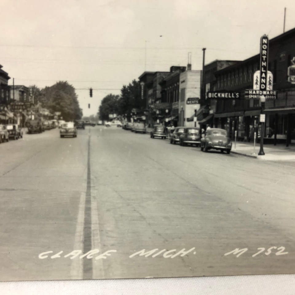 Vintage 1949 Clare Michigan Postcard Street Building Signs Cars | eBay