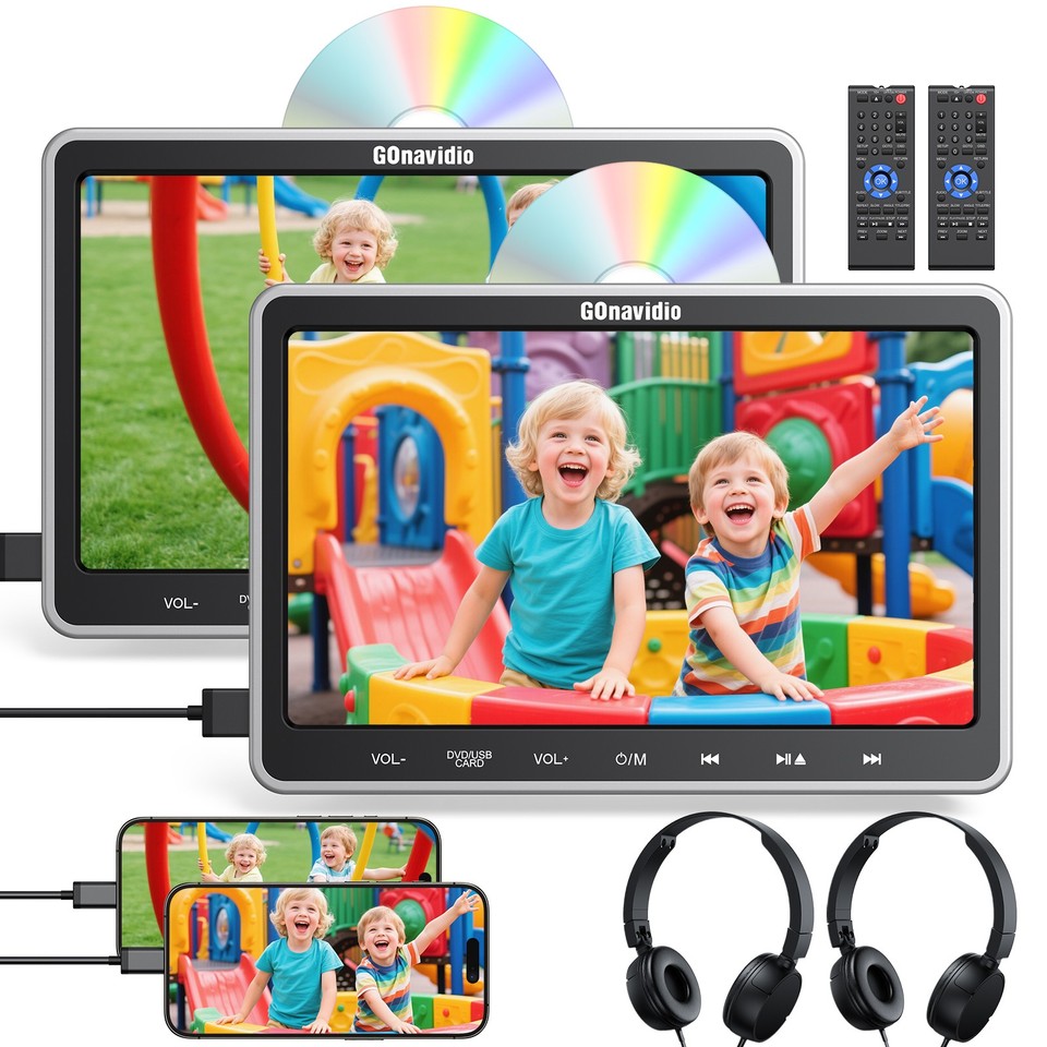 2X10.1" Dual Screen Car Headrest DVD Player Pillow Monitor HDMI USB SD ...