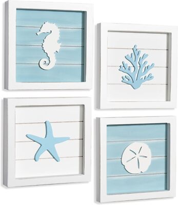 TideAndTales Ocean Beach Themed Room Decor (Framed Set of 4) Coastal 3D ...
