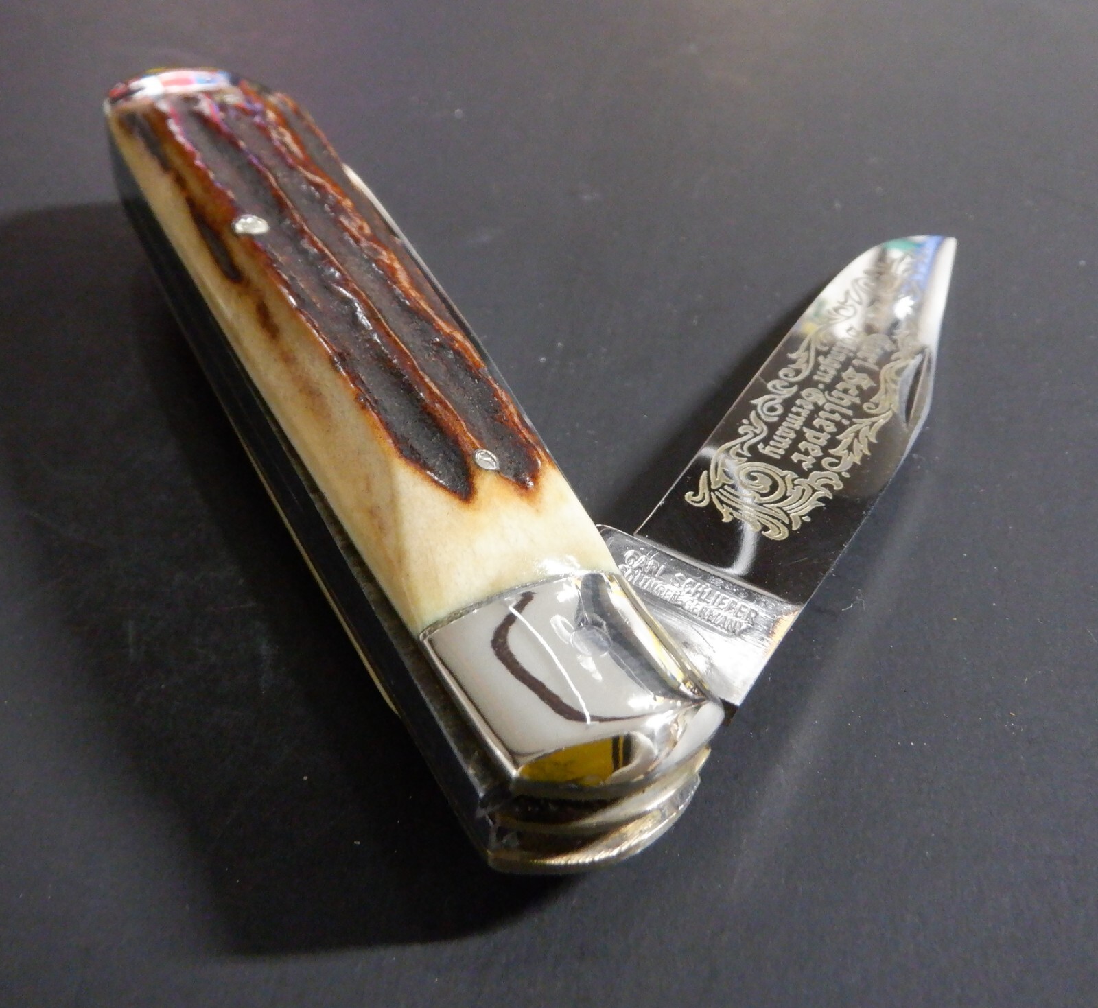 Carl Schlieper Eye Brand Solingin 5 1/8" Stag Trapper Gold Engraved ...