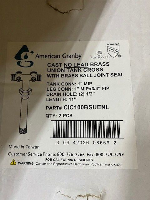 (2 PACK) American Granby Brass Pressure Tank Tee CIC100BSUENL 1" X 11 ...